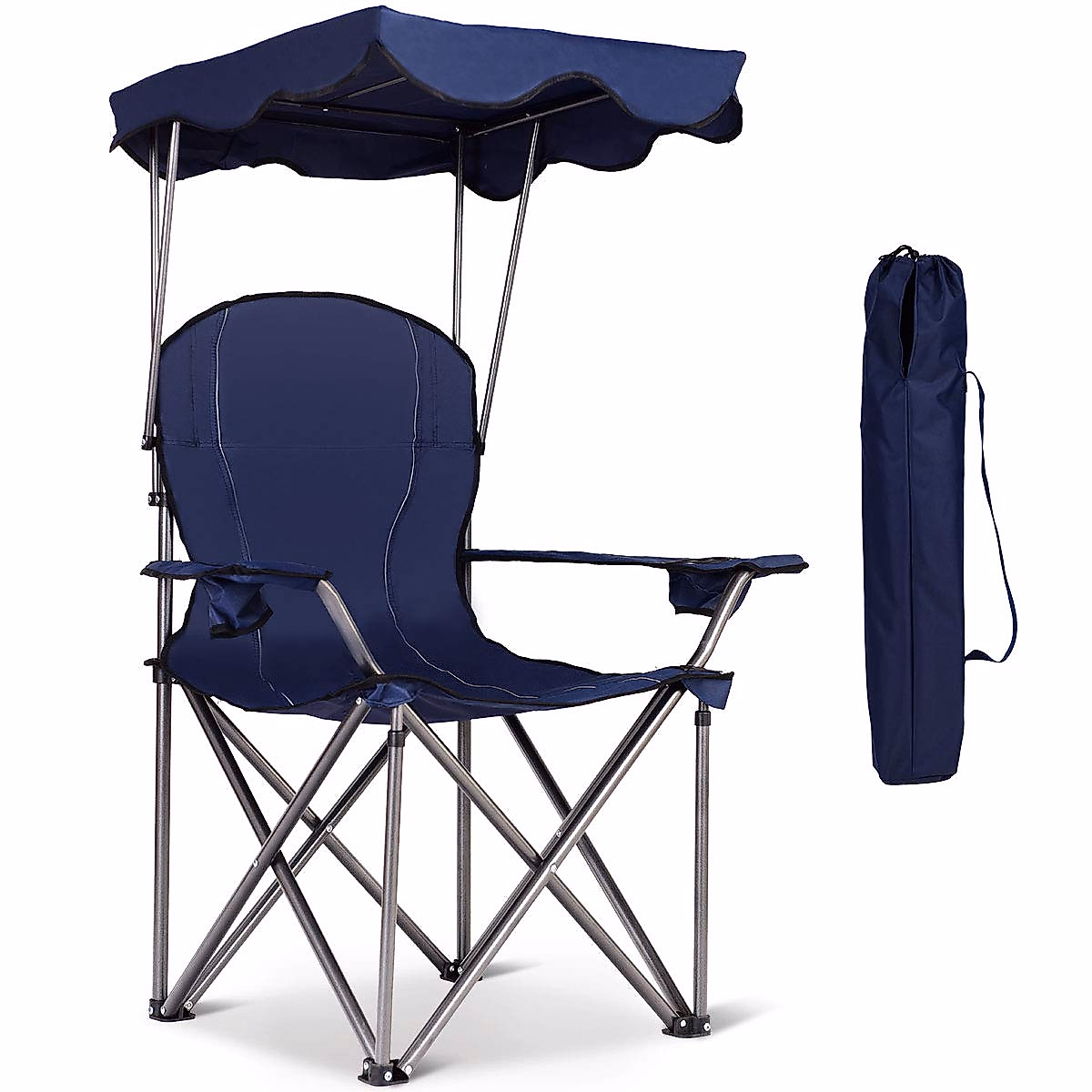 Goplus Beach Chair with Canopy Shade, Folding Lawn Chair with Umbrella Cup Holder & Carry Bag, Portable Sunshade Chair for Adults for Outdoor Travel Hiking Fishing (Blue)