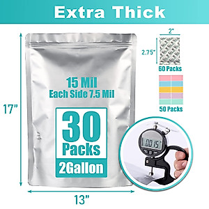 30pcs 2 Gallon Mylar Bags for Food Storage (15 Mil Extra Thick) with Oxygen Absorbers 400CC (60 pcs) , Stand-Up Zipper Pouches Resealable and Heat Sealable Bags for Long Term Food Storage(13"x17")