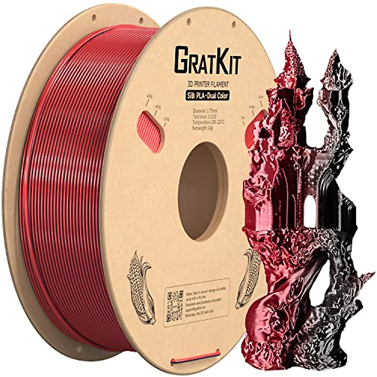 Gratkit Silk Dual Color PLA Filament, Coextrusion PLA Filament 1.75mm, -0.03mm, 1KG/Roll, Silk PLA Black & Red