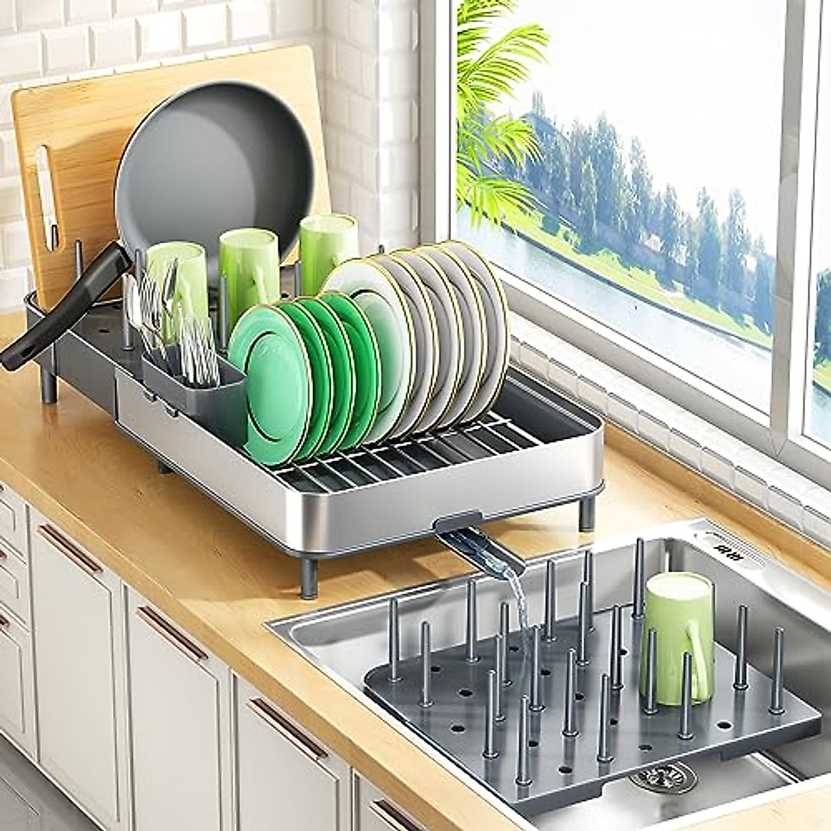 Dish Drying Rack - Expandable Dish Racks - Large Stainless Steel Dish Drainer for Kitchen Counter with Utensil Holder and Cup Holder, Grey