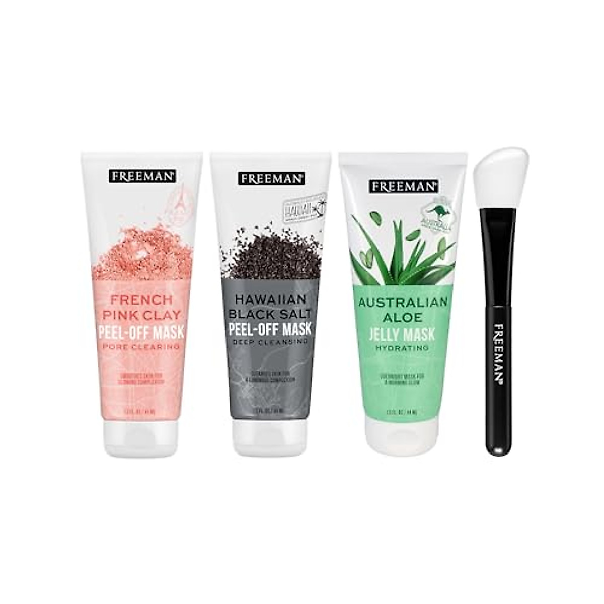 Freeman Exotic Blends Facial Mask 4 Piece Set, Peel-Off & Jelly Masks, Cleansing, Pore-Clearing & Hydrating Facial Masks, For All Skin Types, Includes Silicone Mask Brush, Vegan & Cruelty-Free