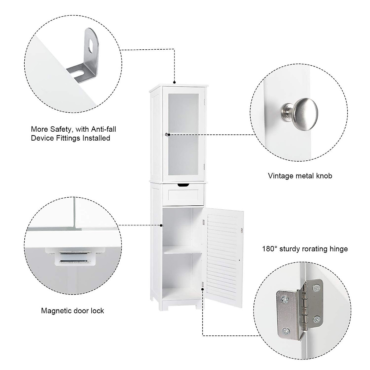 Kazila Bathroom Storage Floor Cabinet, Freestanding Wooden Storage Organizer with Glass Shutter Doors, 16 inchl x 12 inchw x 67 inchh, Ivory White