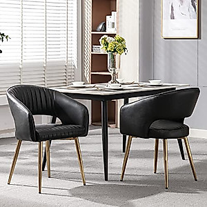 ZSARTS Black Leather Dining Chairs Set of 4, Modern Upholstered Gold Accent Chairs with Hollow Back Tufted Kitchen Chairs Side Chairs for Dining Room Living Room Reception Room