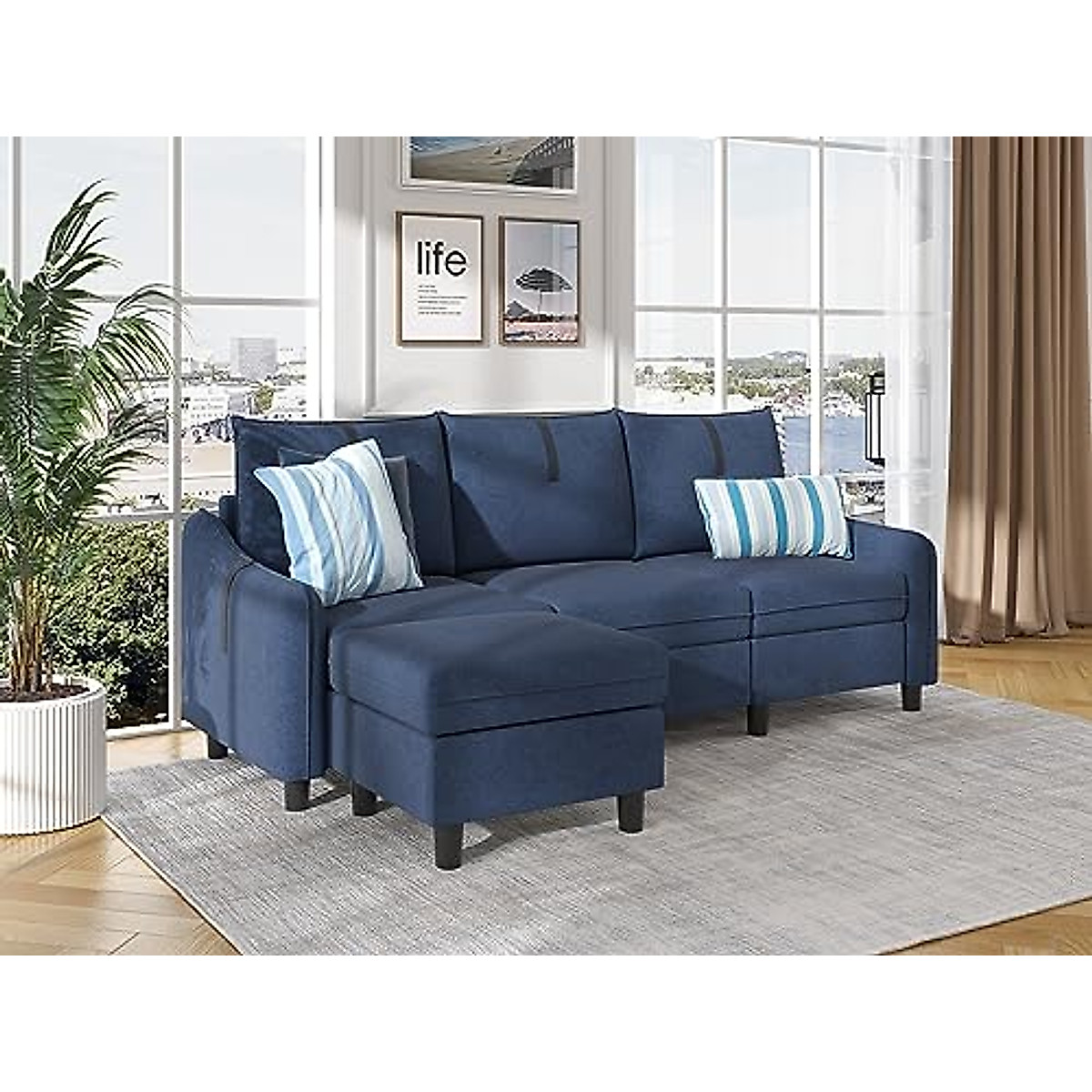 Pingliang Home 80" Sectional Sofas for Living Room, 3 Seat L Shaped Couch with Reversible Ottoman, Modern Linen Fabric Small Sectional Couch for Apartment Small Space, Navy Blue
