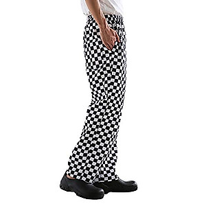 Men’s Black and White Checkerboard Print Chef Pants with Elastic Waist Drawstring Baggy Chef Uniforms Blackwhite XXL