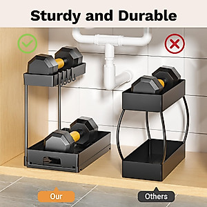 TidyLamu 2 Pack Under Sink Organizers and Storage, 2 Tier L-Shape Pull Out Under Cabinet Organizer, Black Under Bathroom Kitchen Sink Organizer with Drawer for Under Counter Storage Organizer