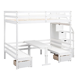 MERITLINE Full Loft Bed with Stairs and Desk, Wooden Full Loft Bed with Desk, Bunk Bed Full with Convertible Seats and Table Set Underneath for Kids Girls Boys Teens,White