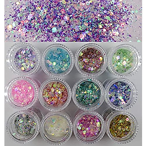 12 Bottle Opal Mermaid Chunky Glitter Iridescent Heart Star Hexagon Aurora Body Nails Glitters Resin Epoxy Accessories Crafts Supplies for Nails Art Tips Resin Mold Makeup
