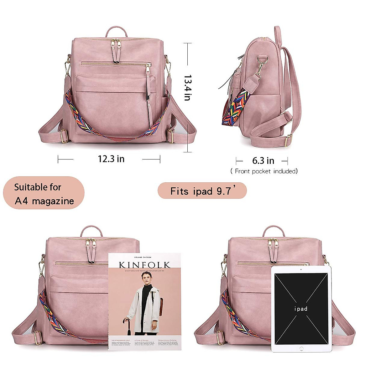 ZOCILOR Women's Fashion Backpack Purse Multipurpose Design Convertible Satchel Handbags and Shoulder Bag PU Leather Travel bag (Light Pink)