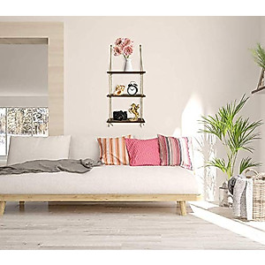 Greenco Decorative Rustic Jute Rope Wall Hanging Floating Shelves, Distressed Wood, 3 Tier .