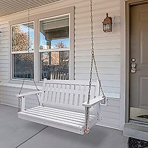 ALIMORDEN 2 Person Porch Swing, Wooden Outdoor Swing Bench with Chains, Finished Hanging Bench for Garden, Courtyard, Lawn & Balcony, White