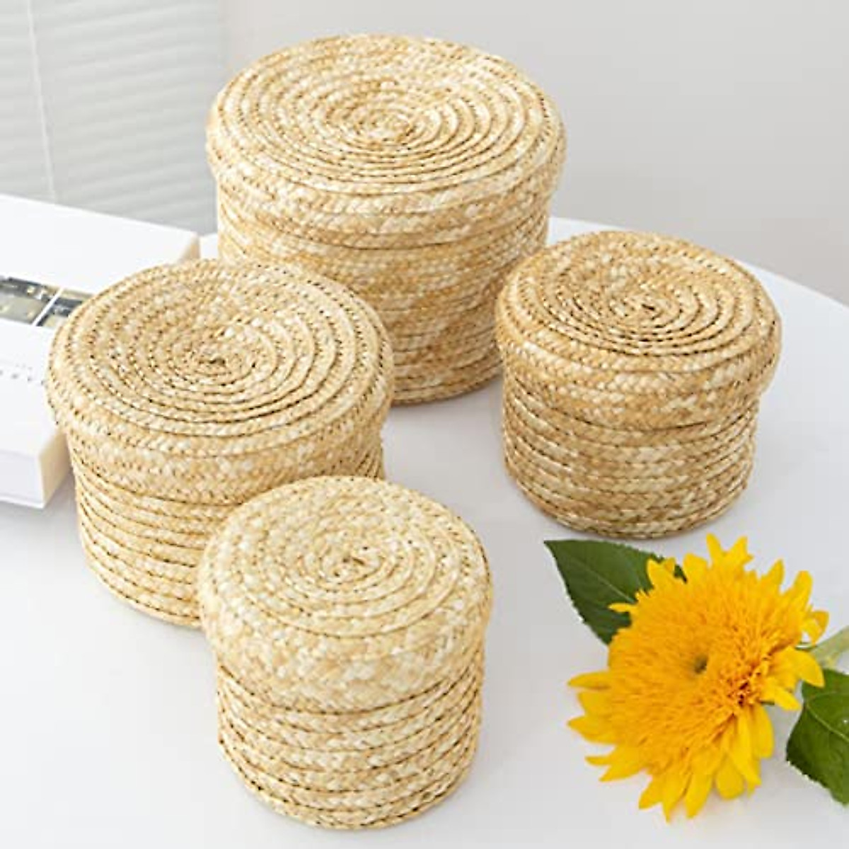 Cabilock 1PC Mini Straw Woven Storage bin Storage Basket Wheat- Straw Basket Hand Woven Storage