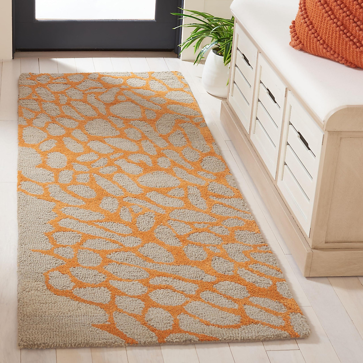SAFAVIEH Blossom Collection Runner Rug - 2'3" x 12', Grey & Orange, Handmade Wool & Viscose, Ideal for High Traffic Areas in Living Room, Bedroom (BLM695C)