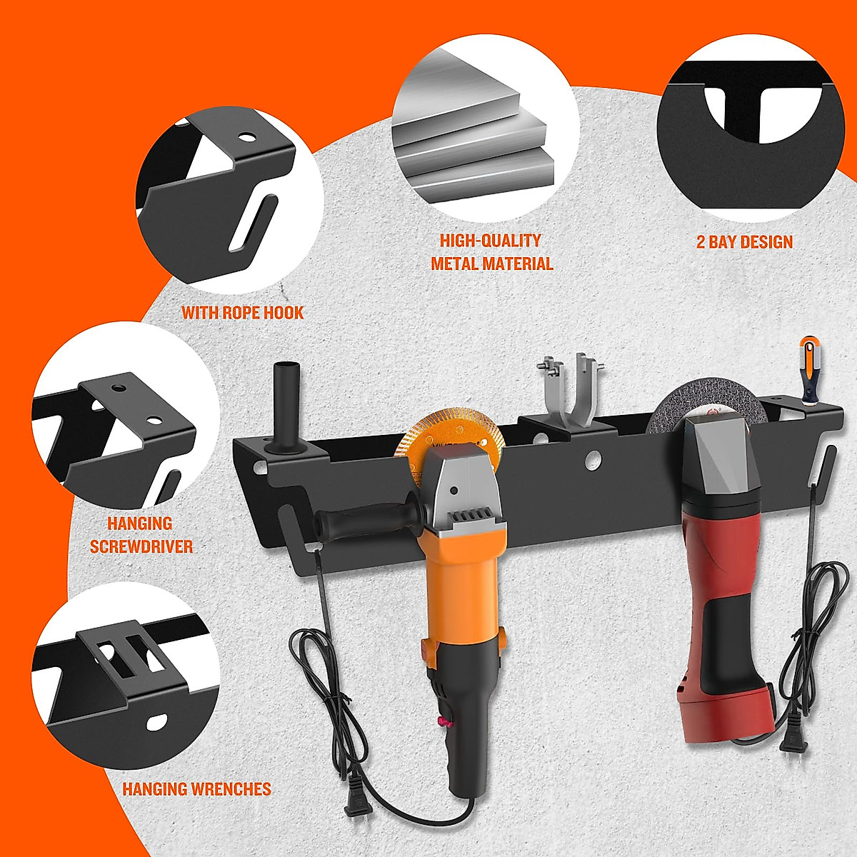 Birstlye Angle Grinder Holder,2 Bay Angle Grinder Rack Wall Mount Bracket, Angle Grinder Storage Rack With Screws & Screw Caps for Cutters Polishers Angle Grinders