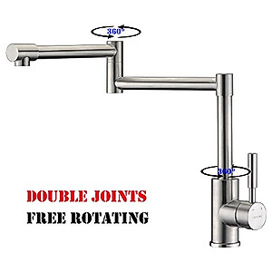 Heouty Modern Single Handle 2 Joints Free Rotating SUS304 Stainless Steel Pot Filler Faucet, Brushed Nickel Deck Mounted Kitchen Sink Faucet