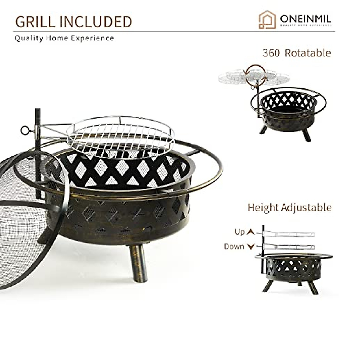 Oneinmil 2 in 1 Fire Pit with Grill, 30'' Wood Burning Outdoor Fire Pits Outside with Metal BBQ Grill, Spark Screen, Poker for Patio, Backyard, Garden