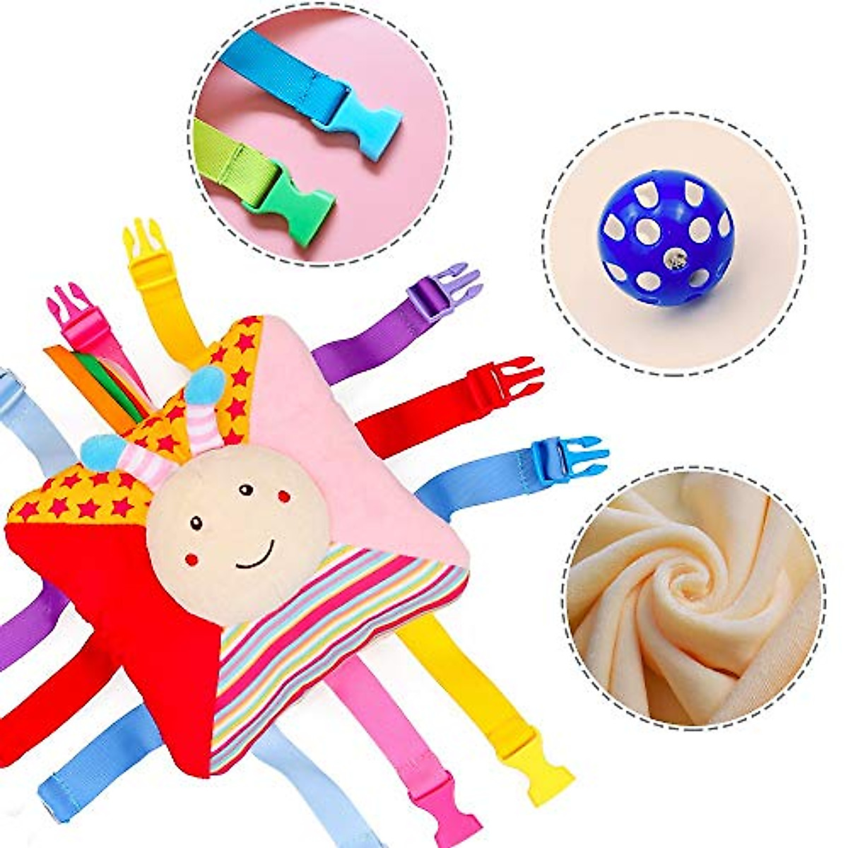 Sensory Pillow Toys for Toddlers, Activity Learning Fine Motor Skill Travel Toy with Buckle for Baby Kid Children Built-in Bell Plush Counting Numbers Buckles Symbol and Numbers (Bee)