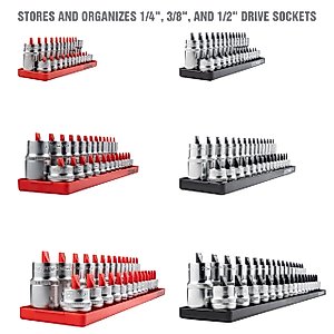 OEMTOOLS 22234 6 Piece SAE and Metric Socket Tray Set, SAE and Metric Socket Storage for Sizes 1/4", 3/8”, and 1/2" Drive, Socket Holders and Socket Organizer Tray for Toolbox, Red and Black