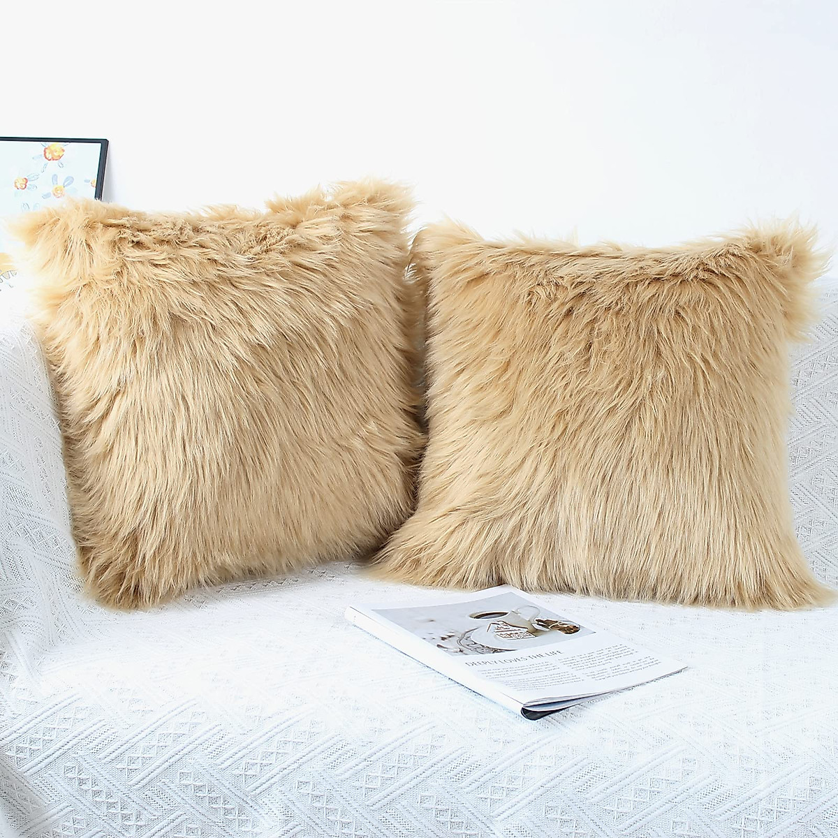 OYIMUA Fluffy Decorative Throw Pillow Covers 20×20, Faux Fur Farmhouse Luxury Pillow Cases,Soft Plush Fuzzy Beige Cushion Covers for Sofa Couch Living Room Bedroom Set of 2