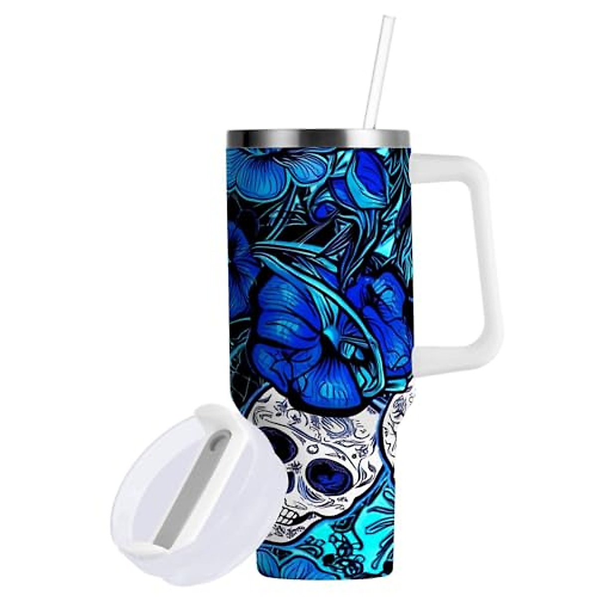 RPLIFE Blue Flowers Sugar Skulls Stainless Steel Coffee Tumbler, Insulated Water Bottle with Straw, Tumbler for Men