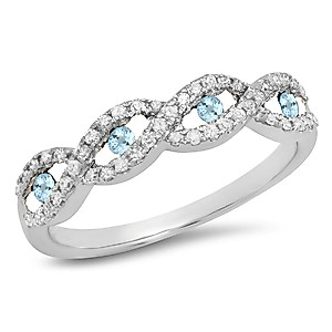 Dazzlingrock Collection Round Aquamarine & White Diamond Stackable Wedding Band Swirl Ring in 10K White Gold, Size 6.5