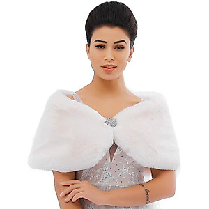 JAKAWIN Women’s Faux Rabbit Fur Wraps and Shawls Bride Wedding Fur Stole Bridal Fur Shrug for Women (S-M,White)