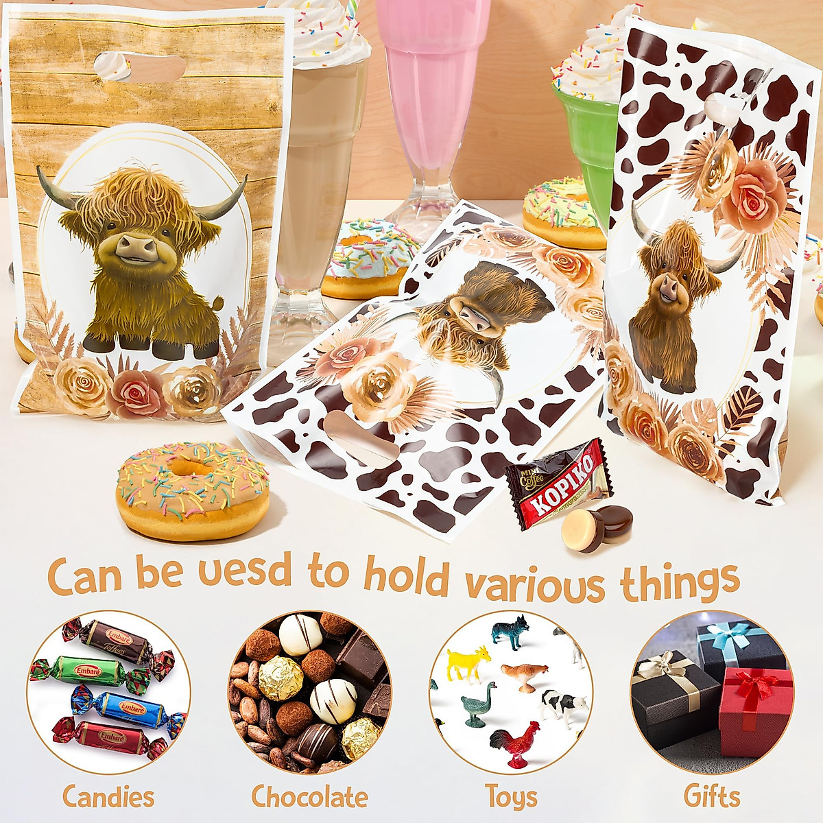 ArianQicult Highland Cow Party Favor Bags - 50Pcs Brown Cow Print Goody Candy Treat Gifts Bags, Highland Cattle Themed Party Decorations for Kids Birthday Baby Shower Animals Theme Events Supplies