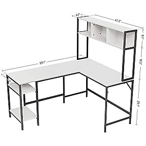 BANTI L-Shaped Desk with Hutch, 60" Corner Computer Desk, Home Office Gaming Table with Storage Shelves, Space-Saving, White
