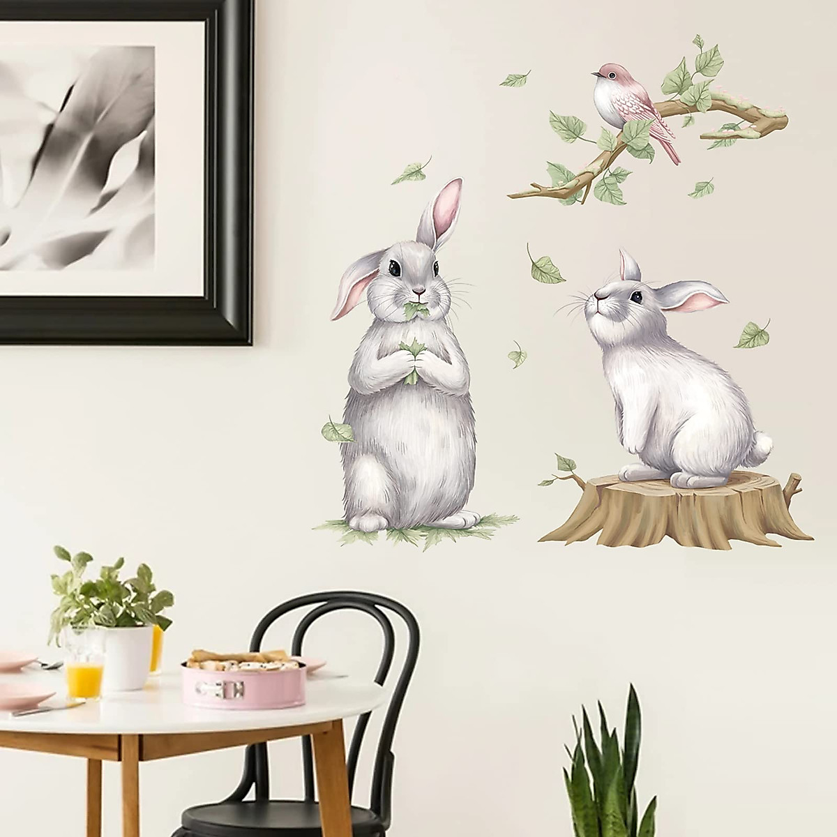 NOA 2 Cute Rabbit Wall Stickers with Bird On The Branches Decals, Removable Cartoon Animal Bunny 3D Vinyl Wallpaper Decor, DIY Art Mural for Nursery Baby Bedroom Living Room