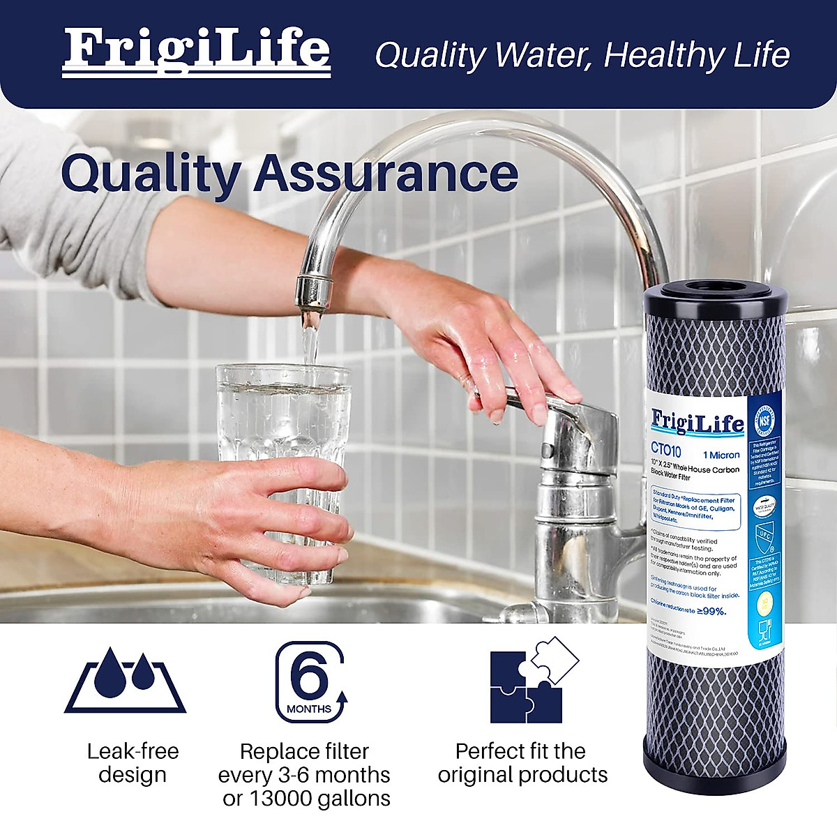 FrigiLife 1 Micron 10" x 2.5" Whole House CTO Carbon Sedimen Water Filter Compatible DuPont WFPFC8002, WFPFC9001, SCWH-5, WHCF-WHWC, FXWTC, RO Unit for Under Sink & Countertop Filtration System,3Pack