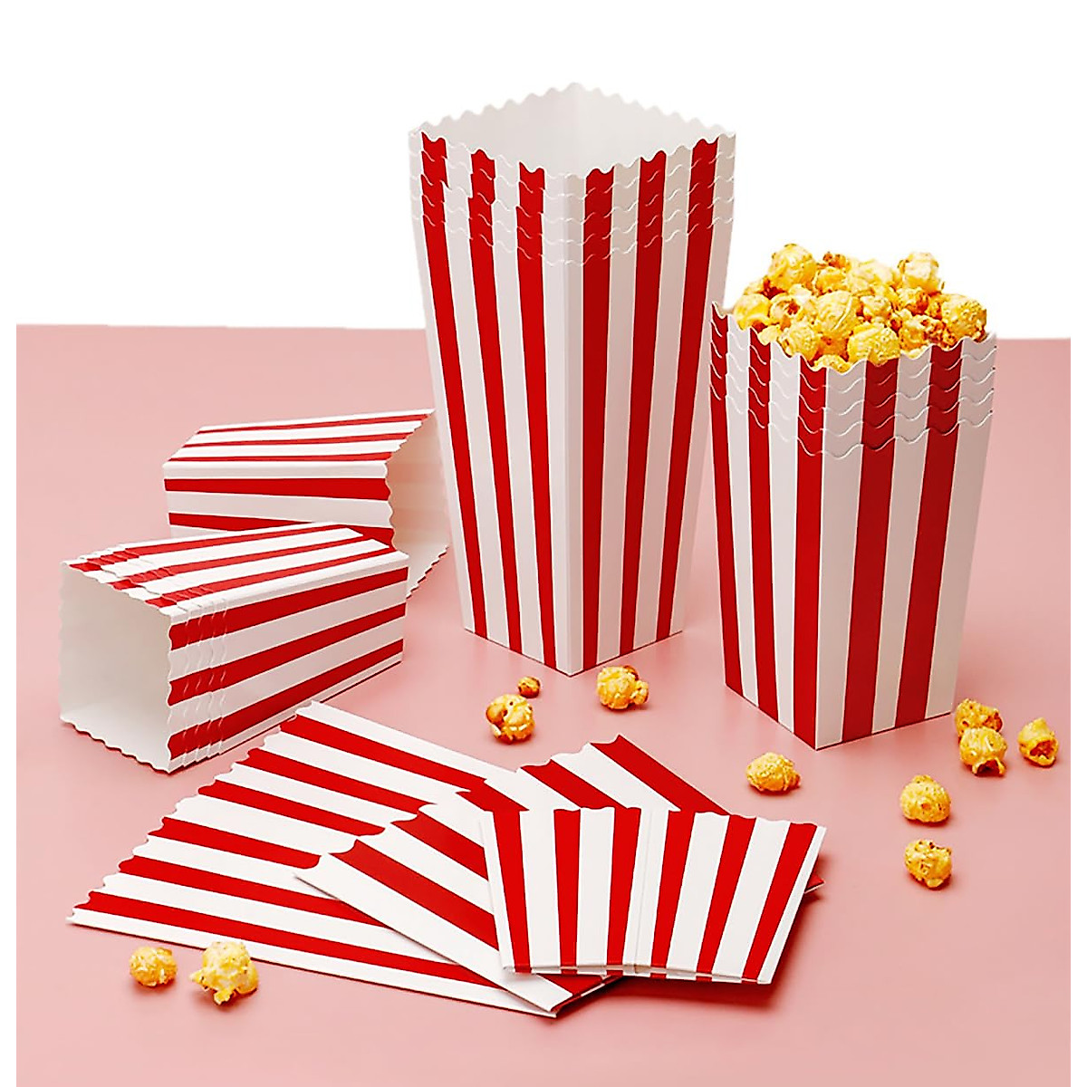 AIROLDI 28Pcs Popcorn Boxes - Mini Paper Popcorn Box, White and Red Stripes Pop Corn Snack Container for Movie Night Carnival Party Supplies (Classic Red)