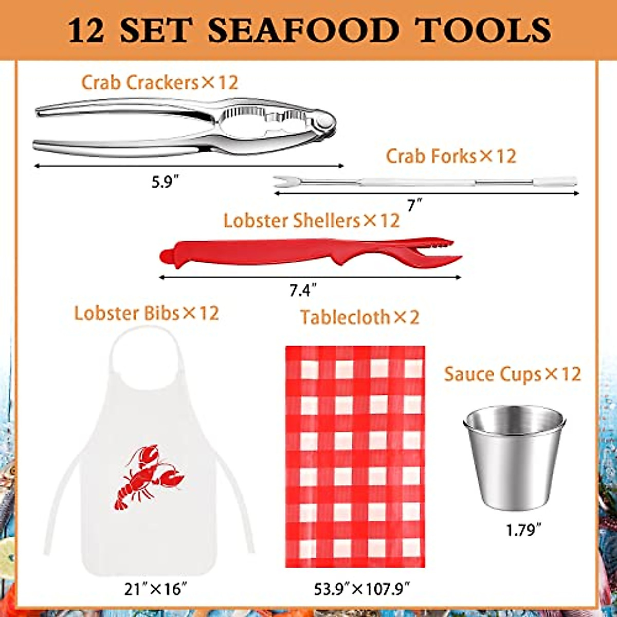 Mepase 62 Pcs Seafood Tools Set Nut Cracker Set 12 Crab Crackers, 12 Crab Forks/Picks, 12 Lobster Shellers, 12 1.7 oz Dipping Sauce Cups, 12 Lobster Bibs, 2 Red Checkered Disposable Plastic Tablecloth