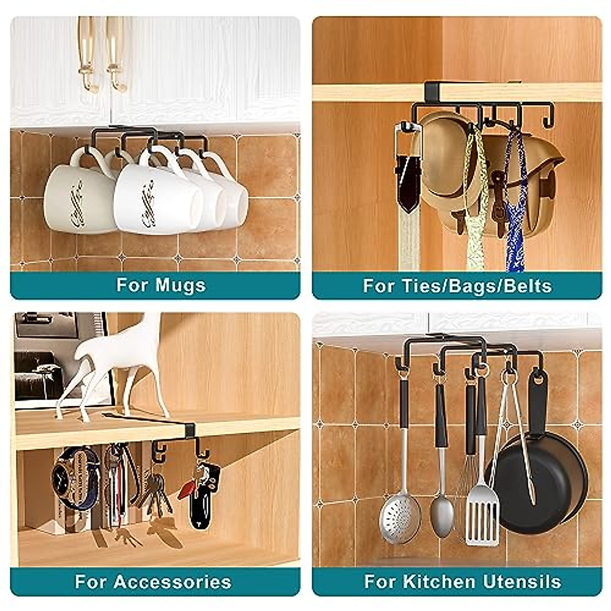 ECROCY Mug Holder Under Cabinet, 2pcs Mug Organizer for Kitchen Cabinet with Extra Large Hook Distance, Fit for 1 Inch Thickness Flat Buttom Cabinet Without Any Lip