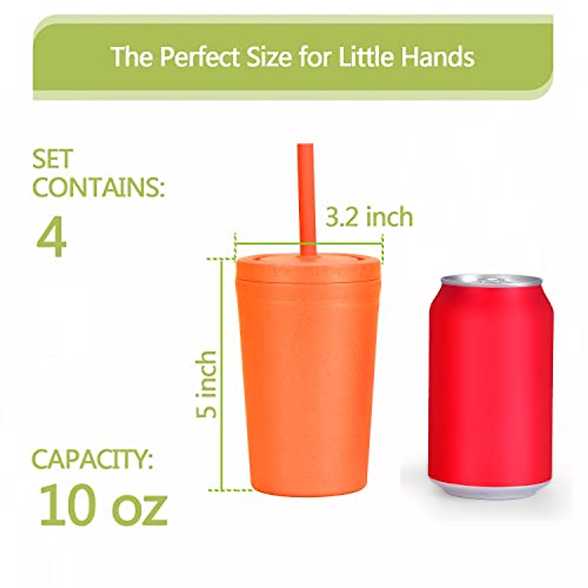 【Set of 4】Reusable Wheat Straw Cups with Lid and Straws, 10 Oz Chip Resistant Cups -Dishwasher Safe E-Co Friendly Small Water Cups with Silicone Straws for Milk, Drinks, Smoothies -4 Colors