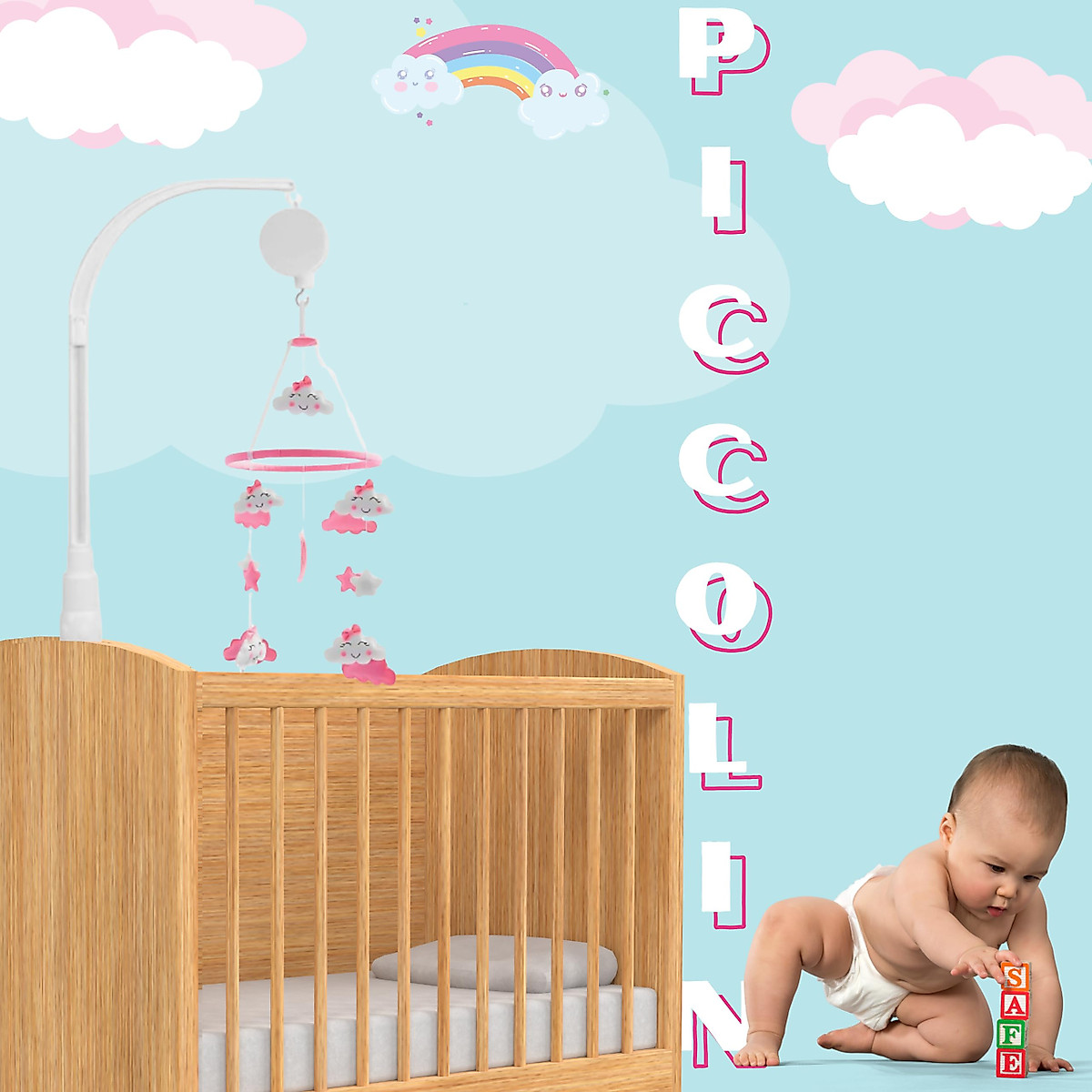 Piccolin Baby Crib Mobile, Hanging Toys, Nursery Decor for Girls White and Pink Room Decorations, Clouds, Moons and Stars Safe, Non-Toxic, Crib Mobile for Newborn, Baby Shower Present