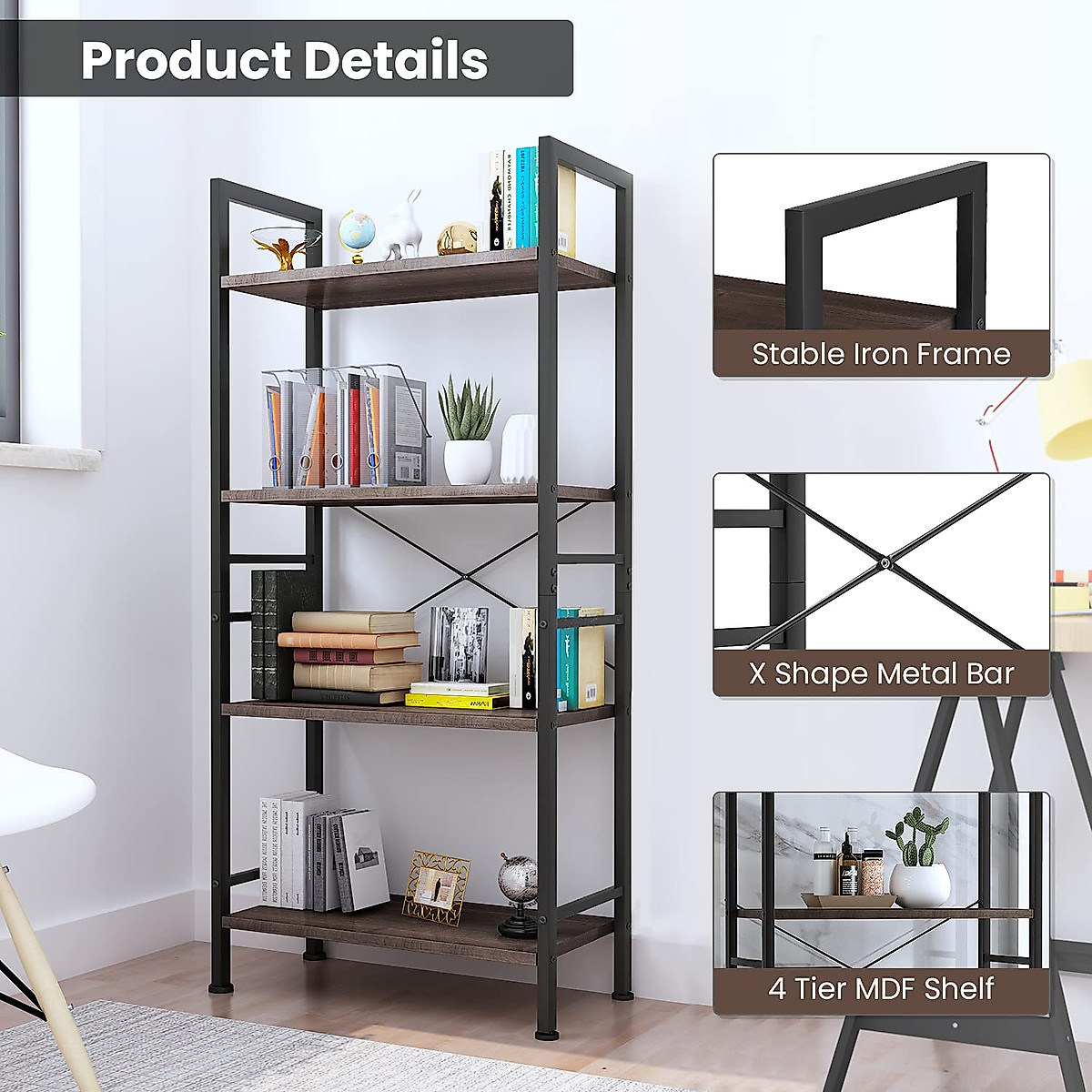 DKLGG 4-Tier Storage Shelves, Bookshelf, Wood Bookcase with Metal Frames and Standing Shelving Unit, Industrial Design Open Standing Organizer for Living Room, Bathroom, Balcony, Office, Rustic Brown