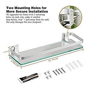 VOLPONE Bathroom Wall Shelf 15.7in Bathroom Glass Shelves Bathroom Shelves Wall Mount Glass Floating Shelf Rustproof Bathroom Wall Organizer 3 Tier (Sliver)