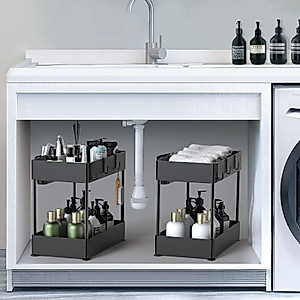 Giergt Under Sink Organizers and Storage, Bathroom Organizer Under Sink, 2-Tier Organizer with 6 Hooks, Multi-purpose Under Kitchen Sink Storage, Black Under Sink Shelf Organizer Rack