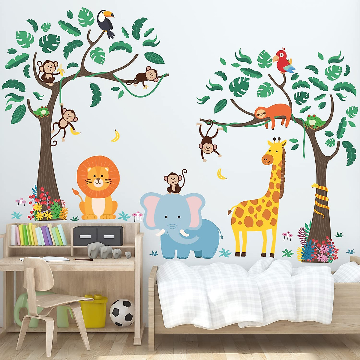 DECOWALL SG-2112 Jungle Animal Tree Wall Decals Elephant Monkey Giraffe Lion Forest Wall Stickers for Kids Baby Nursery Bedroom Playroom Living Room Decor DIY Art