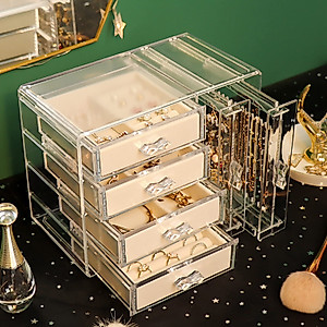 WMM Acrylic Jewelry Organizer Box, Clear Earring Jewelry Organizer Hanging Boxes with 4 Velvet Drawers, Birthday and Christmas Gift, Clear Acrylic Jewelry Box for Earrings Ring Bracelet Necklace