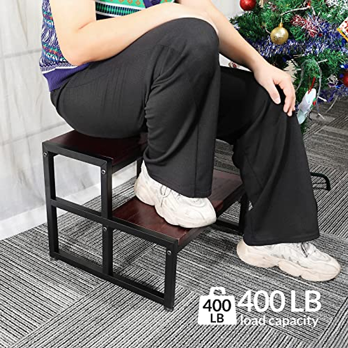 Annecy Wooden Step Stool with 400lb Load Capacity, Bedside Step Stool for Adult Kids, Wood Step Stool for Kitchen, Bathroom, Bedroom - Portable 2 Step Stool Dark Walnut (Assembly Required)