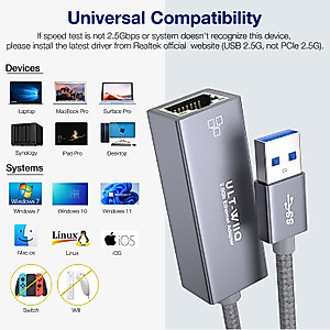USB 2.5Gb Ethernet Adapter, ULT-WIIQ USB 3.0 to 2.5 Gigabit RJ45 LAN Network Adapter Cable, 10/100/1000/2500M Full Speed NIC for Mac OS, iOS, Windows, Linux, Dell XPS, Thinkpad X, Synology NAS, PC