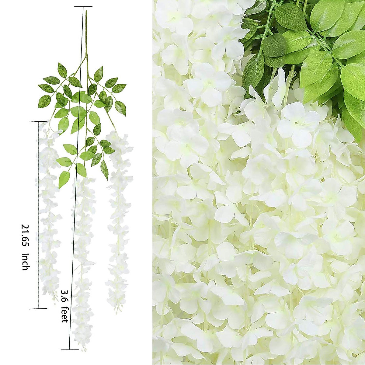 AUVOTTOKA 24-Pack 3.6 Feet/Piece Artificial Flowers Fake Wisteria Garland Hanging Wisteria Silk Flowers for Home Garden Weddings Party Decor (White)