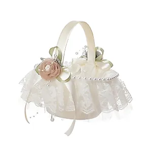 JOINPAYA Flower Girl Hand Basket Wedding Basket Floral Decor Woven Baskets Woven Hamper Handmade Petal Storage Basket Vintage Decor Wedding Party Basket Lace Portable Bride