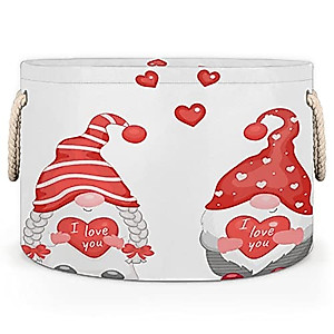 Valentine Cute Gnomes Love Heart (11) Large Round Baskets for Storage Laundry Baskets with Handles Blanket Storage Basket for Bathroom Shelves Bins for Organizing Nursery Hamper Girl Boy