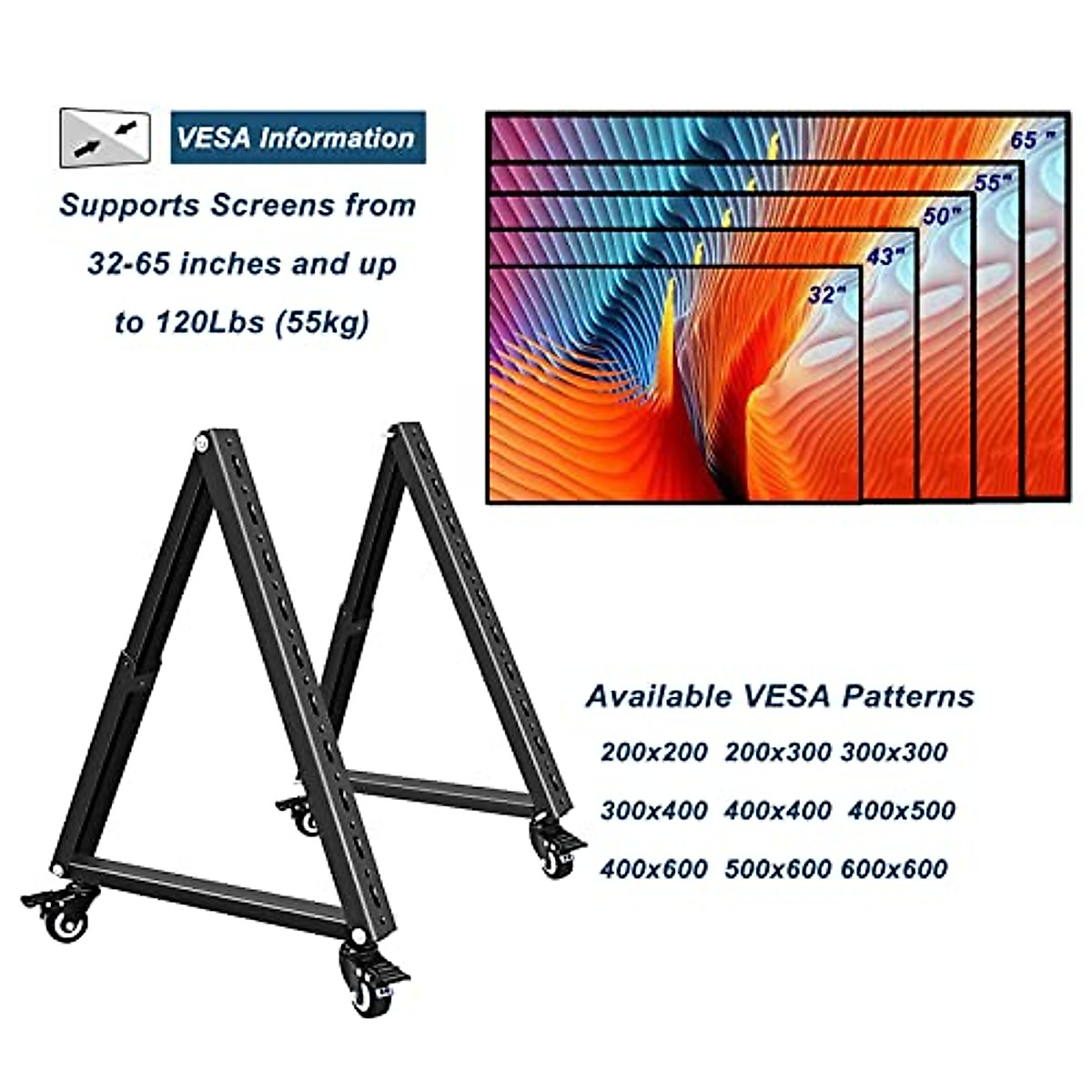 BIGalleons Low Height Mobile TV Stand, Monitor Floor Stand Cart, Rolling TV Mount with Wheel for 32-65 inch Flat Curved Screen TV, LED LCD, 30° Adjustable Viewing Angle (New Version)
