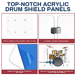PENNZONI Drum Shield 4ft w/Chrome Hinges, Comes w/ 4 Drum Panels, & 6 Chrome Hinges, Premium Clear Acrylic Panels, Drum Screen