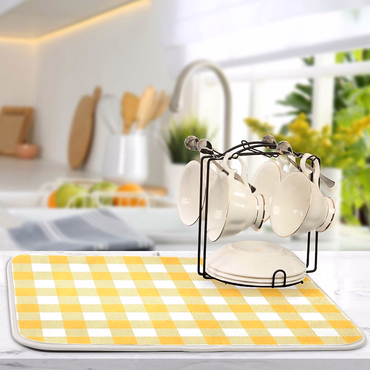 Qilmy Yellow Checked Dish Drying Mat for Kitchen Countertop, Absorbent Dry Mats for Dishes Draining Pad-18" x 24"