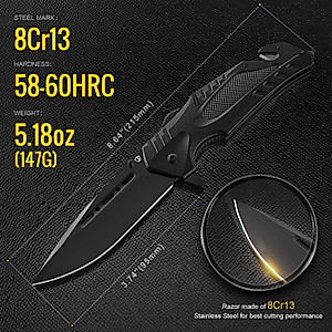 Jellas Pocket Knife for Men, 8Cr13Mov Tactical Knife, Folding Knife 440C Knife with Clip, EDC Knife, Knife for Fishing Hiking, Knives for Men and Women (Black)