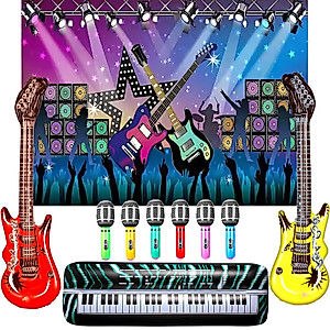 Inflatable Rock Star Toy Set 80s 90s Party Decorations Blow up Party Props Musical Instrument Include Inflatable Backdrop Banner, Microphone, Guitar, Bass and Keyboard for Rock Party Favor